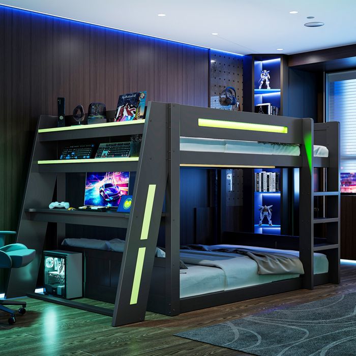 Lit superposé gamer - 140x200 cm - Bureau intégré - Étagères de ...
