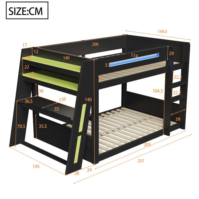 Lit superposé gamer - 140x200 cm - Bureau intégré - Étagères de ...