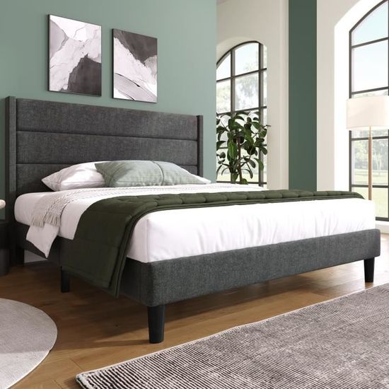 Lit double - ATYHAO - 140 x 200 cm - Gris foncé - Design contemporain ...