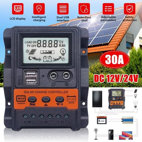 Contrôleur de Charge solaire contrôleur PWM avec écran LCD 30A 12V 24V double sortie USB 5V ...