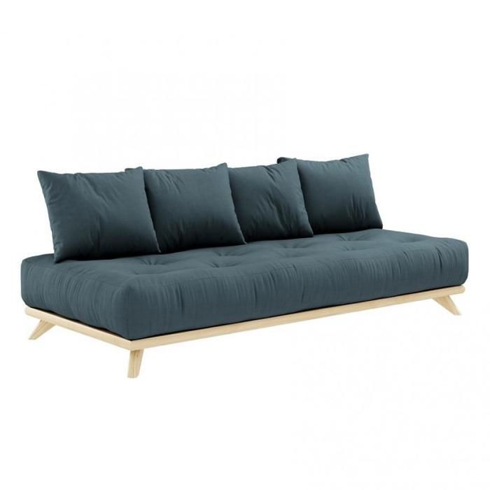 Canapé convertible futon SENZA pin naturel coloris bleu pétrole ...