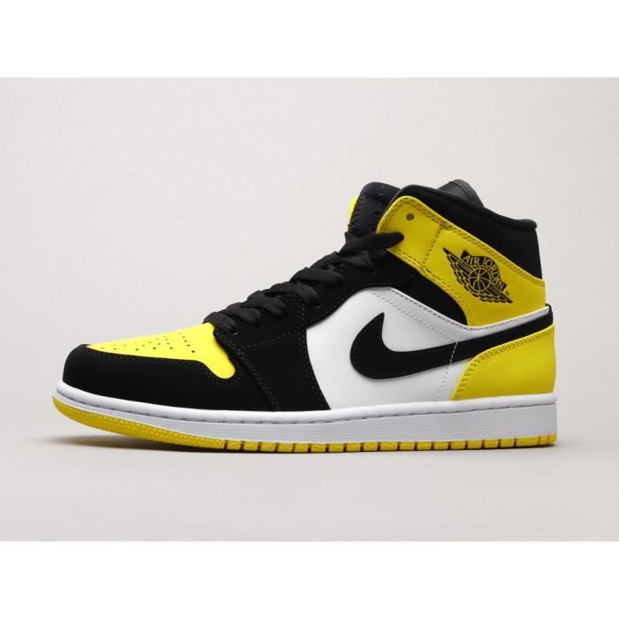 Nike Air Jordan 1 AJ1 Mid Top Noir et Blanc Jaune Colorblock Casual ...
