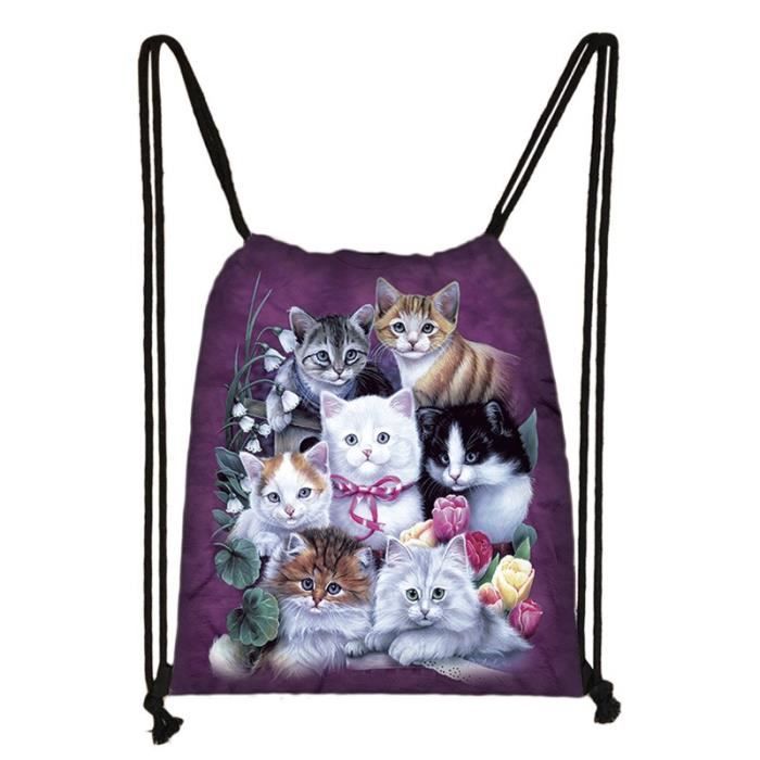 SKD-M04 -Sac de rangement à cordon avec chat licorne mignon, sac de rangement pour adolescents ...
