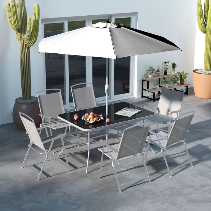 Ensemble salon de jardin Outsunny 8 pièces avec grand parasol, table dim.140L x 90l x 70H cm et ...