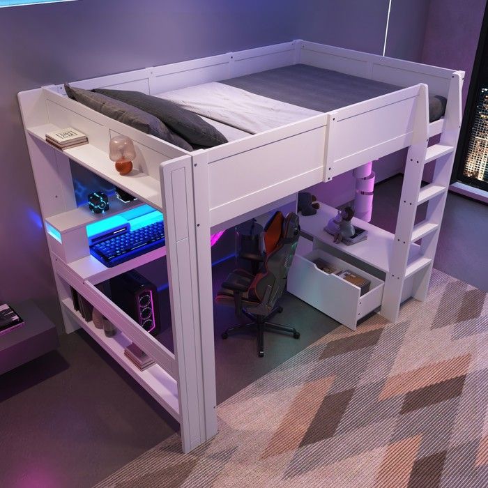 Lit mezzanine en bois140*200 cm avec éclairage LED et bureau,lit enfant ...