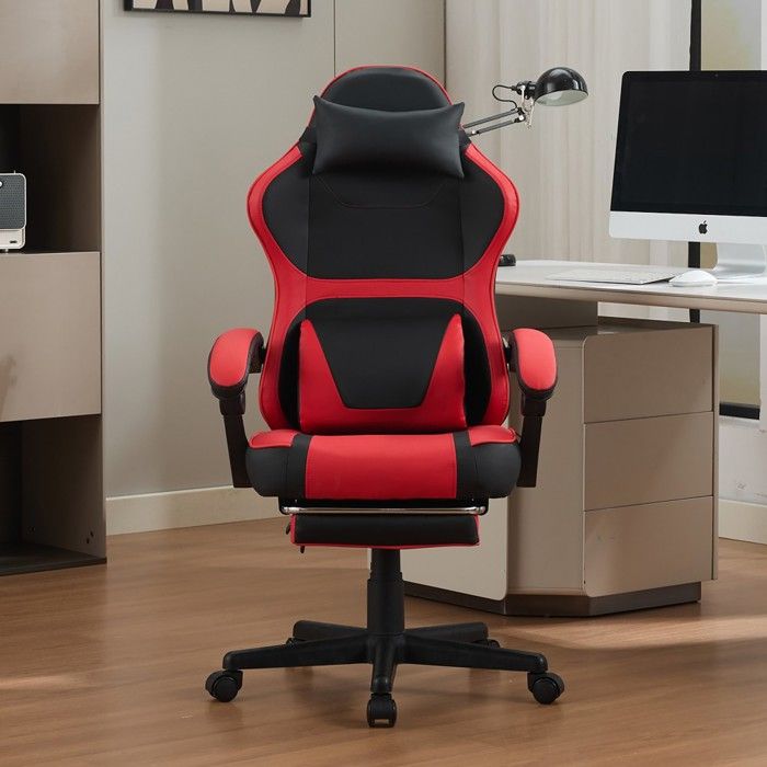 Chaise gaming ergonomique noir rouge, repose-pieds extensible, coussin ...