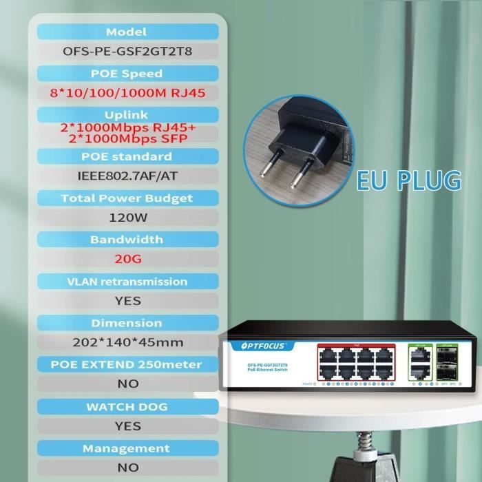 PRISE UE 10RJ45 2SFP - Commutateur de 8 ports Ativo Passivo SFP Poe, fibre Gigabit, 120W, 48V, 2 ...