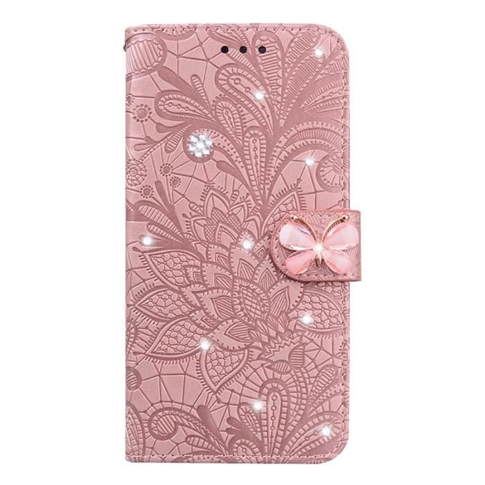 Étui de téléphone à rabat en cuir et dentelle, étui portefeuille pour ...