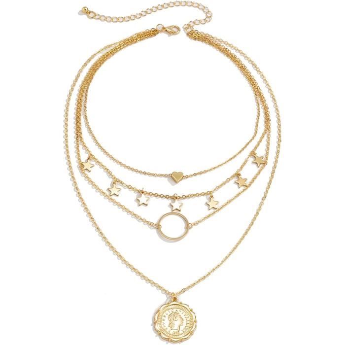 Collier Multi Rangs Femme Avec Cœur Étoiles Et Médaille Portrait ...