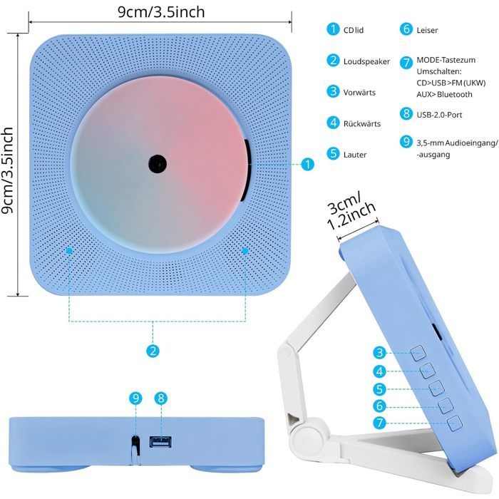 Lecteur CD Bluetooth Portable Multifonction Double Haut-parleurs HiFi ...