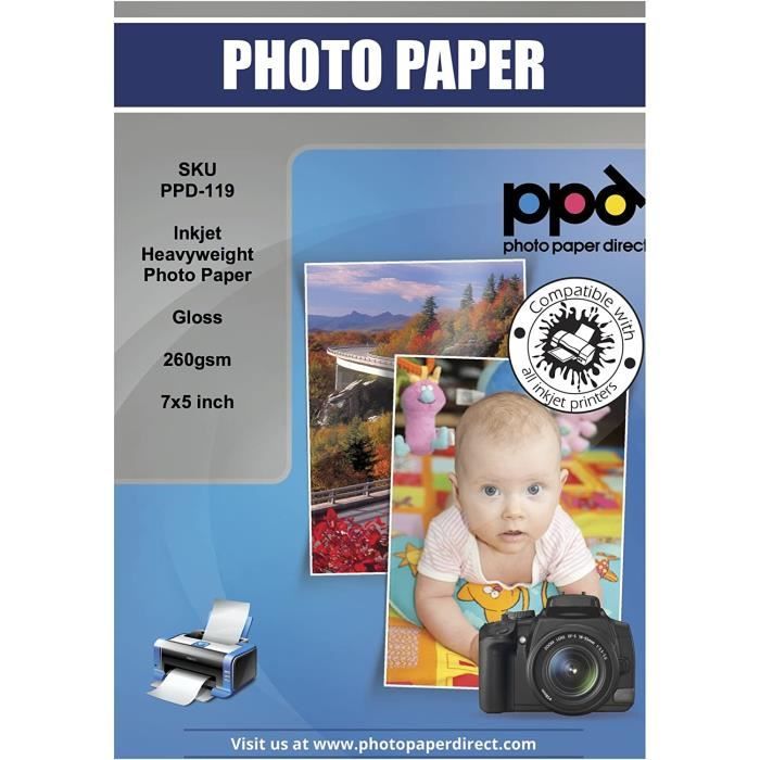 PPD 7x5” x 100 Papiers Photo PREMIUM Brillant 260g Jet d' Encre, Format ...