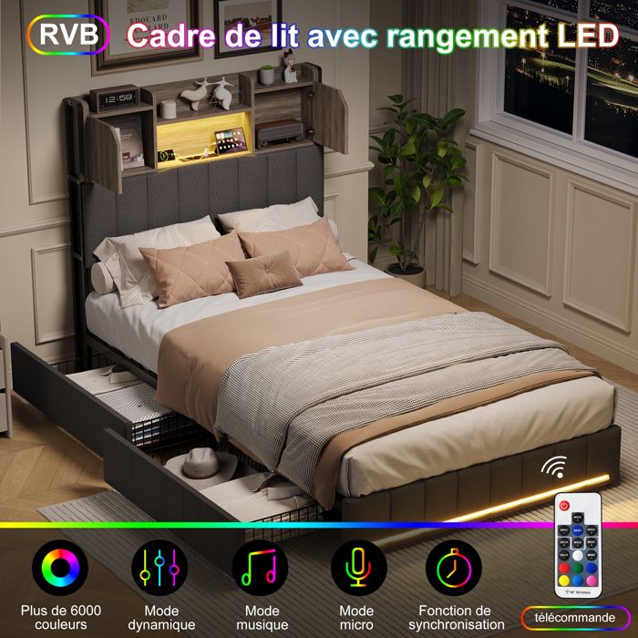 Lit coffre 90x200 - RWUDV - Lit 90x200 cm -Éclairage LED-Charge USB-2 ...