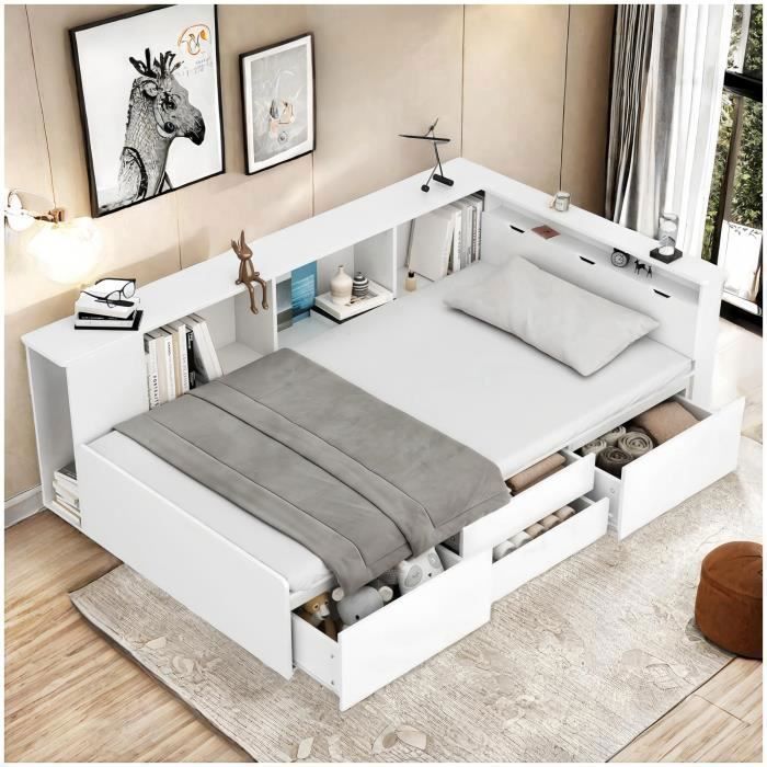 Lit simple enfant 90x200 cm avec tiroirs, bibliothèque et armoire de ...