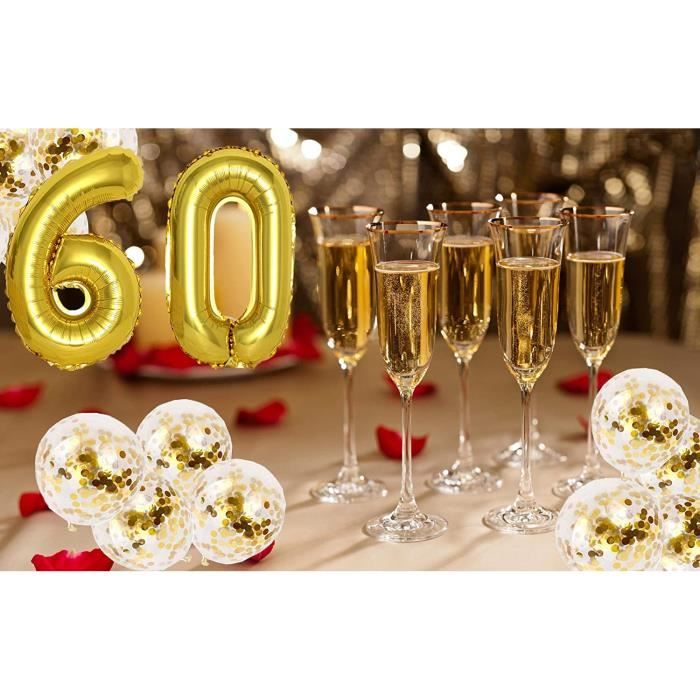 60 Ans Ballon Femme Homme 60ème de Mariage Anniversaire Or avec Chiffre Géant 60 Numéro Ballon ...