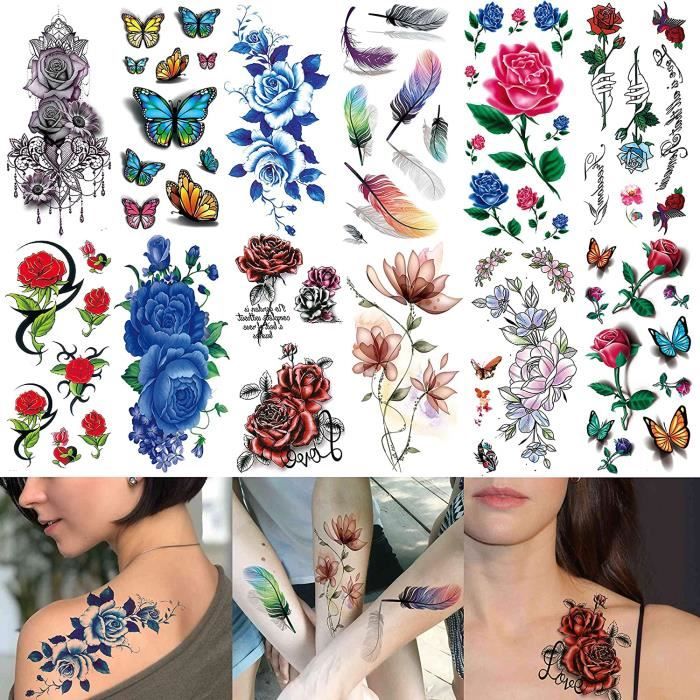 56 Feuilles Coloré Tatouage Ephemere Fleur Rose Femme, Plume 3D Faux ...