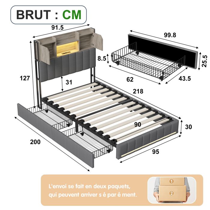 Lit coffre 90x200 - RWUDV - Lit 90x200 cm -Éclairage LED-Charge USB-2 ...