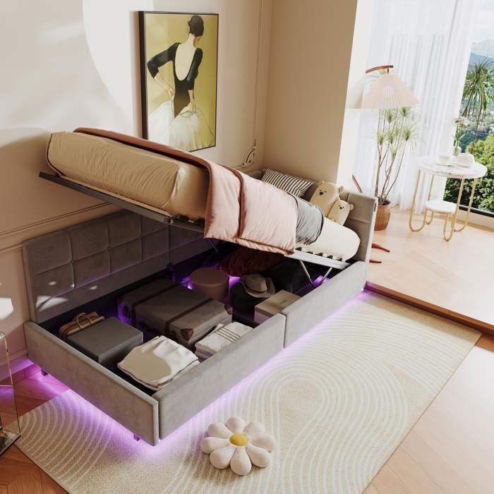 DADEA Cadre de Lit 90x200,Lit Simple,Lit Coffre,Lit Rembourré Led ...