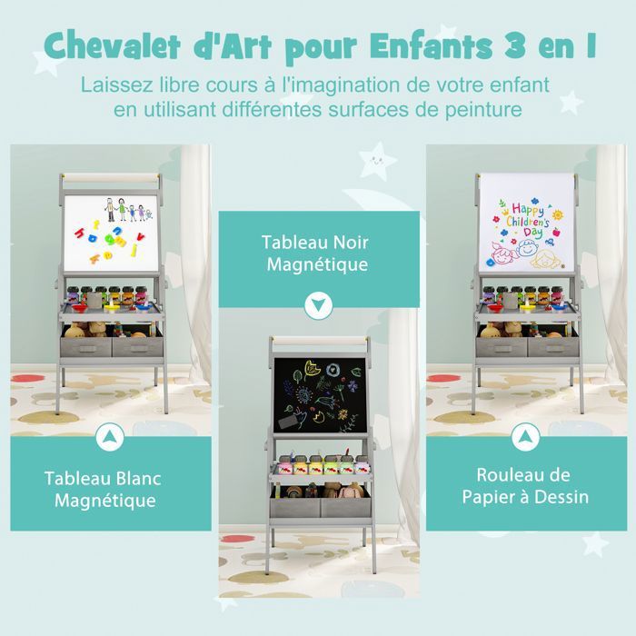 Tableau Enfant 3 en 1 - DREAMADE - Chevalet Enfant Double Face ...