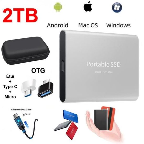 Disque Dur Externe Mini SSD Portable 2TB 2To Stockage Argent avec OTG ...