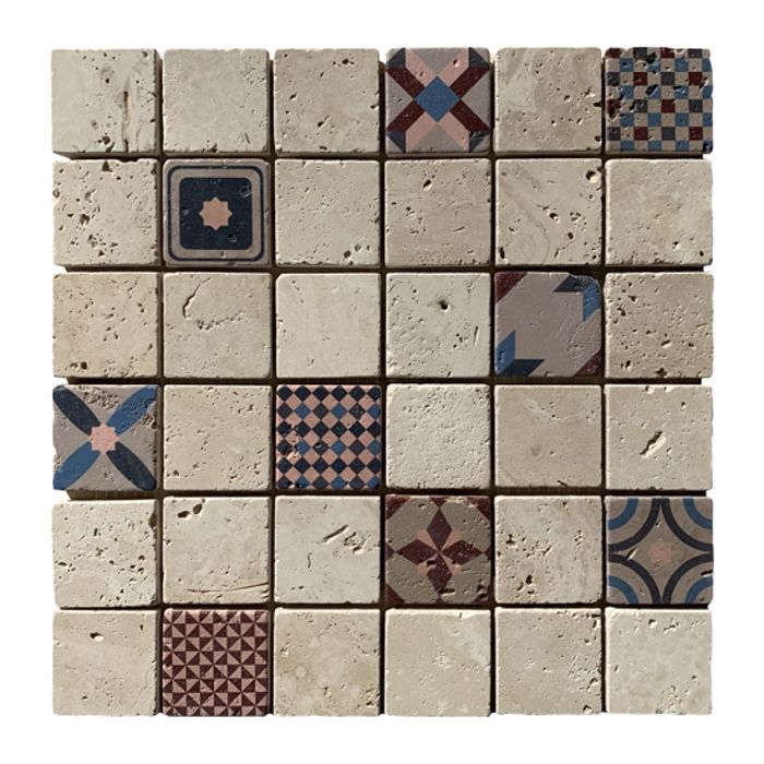 Mosaïque en pierre naturelle travertin Création UV - Filet de 30,5 x 30,5 cm - Carreau 4,8 x 4,8 ...