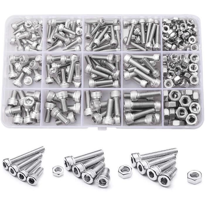 Lot de 264 boulons hexagonaux M4 M5 M6 - Assortiment de vis, boulons et écrous en acier ...