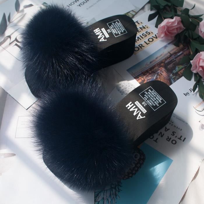 Chausson,Pantoufles à semelles compensées pour femmes, en fourrure de ...