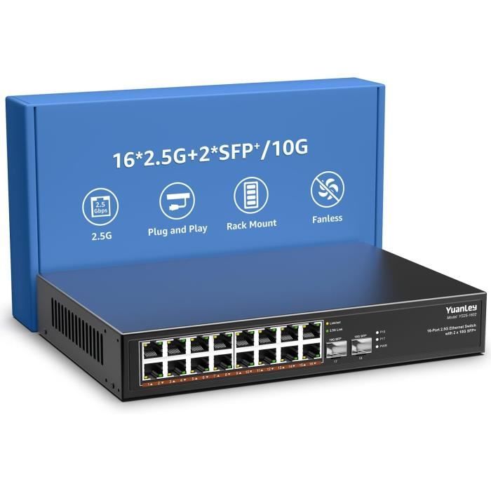 18 Port 2.5G Switch Ethernet Umanaged, 16 X 2.5G Base-T Ports, 2 X 10G Sfp, Métal, Sans ...