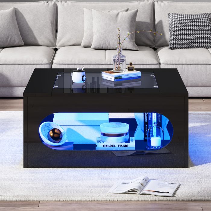 Table basse LED 70 x 70 x 35 cm, table de salon, plateau en verre ...