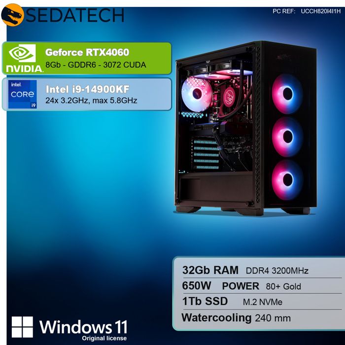 Sedatech PC Gamer Advanced Watercooling Compact • Intel i9-14900KF • RTX4060 • 32Go RAM • 1To ...