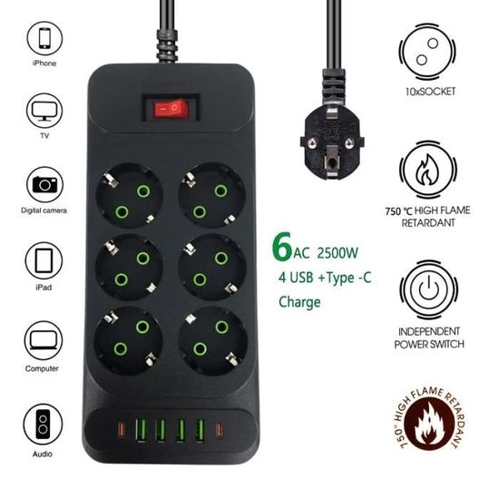 Multiprise Electrique,Bloc Multiprise 6 Prises(2500W 10A) avec 6 Ports ...