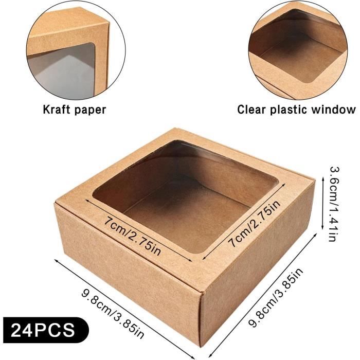 24 Pièces Boite Emballage Carton avec Fenetre, 9.8x9.8x3.6 cm Boite Kraft, Boite Kraft avec ...