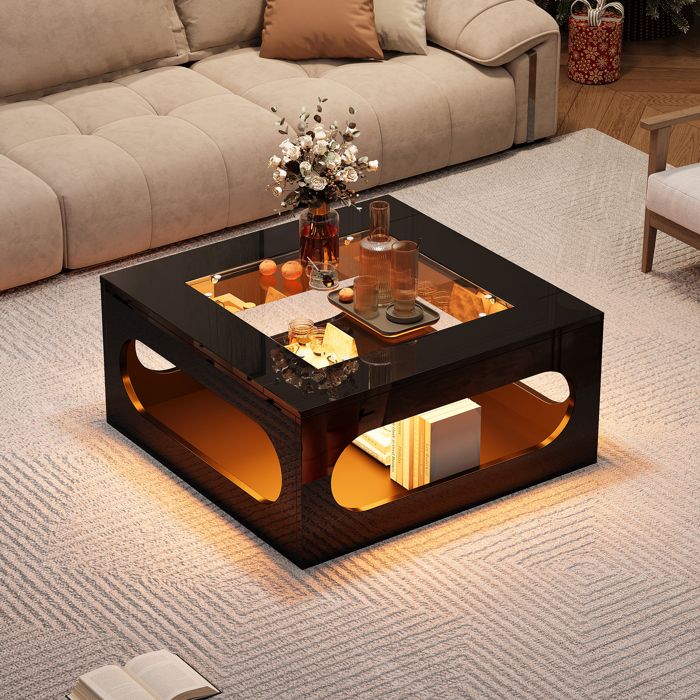 Table basse LED 70 x 70 x 35 cm, table de salon, plateau en verre ...