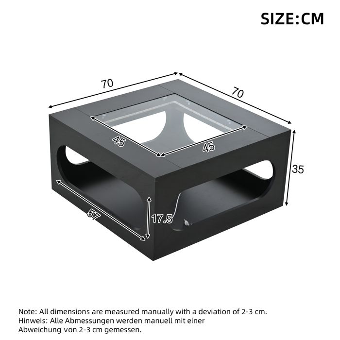 Table basse LED 70 x 70 x 35 cm, table de salon, plateau en verre ...