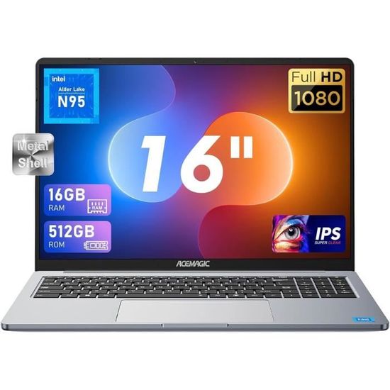 Ordinateur Portable ,Boîtier Métallique,16 Pouces Fhd,16Go Ddr4,512Go Ssd,Intel 12Th Gen Alder ...