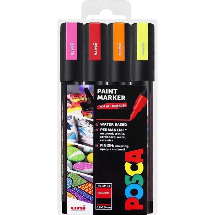 Posca PC-5M Lot de 4 marqueurs colorés et fluorescents.[G979 ...