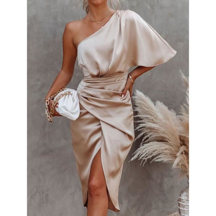 Robe Femme Résiliente Sexy Manche Unilatérale Robe Slim Beige Kjehome
