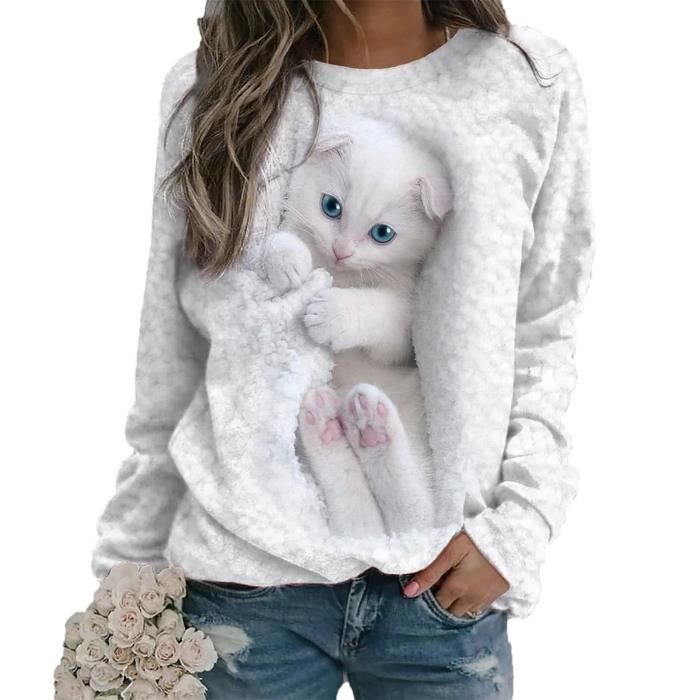 T-Shirt Femme - Imprimé 3D Chat Blanc Mignon - Manches Longues - Style ...