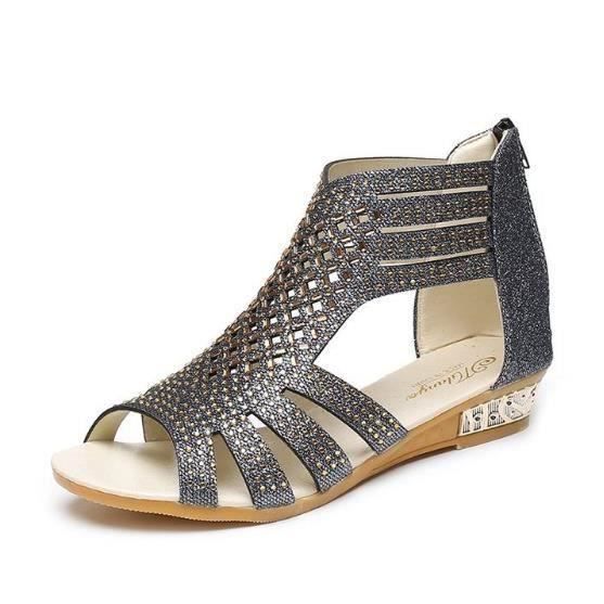 Sandales femme strass bouche de poisson creuse petite sandales romaines ...