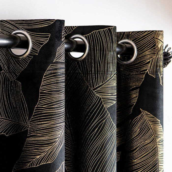 Rideaux Velours Avec Motif Feuilles D'Or, Très Doux Rideau Velour Noir ...