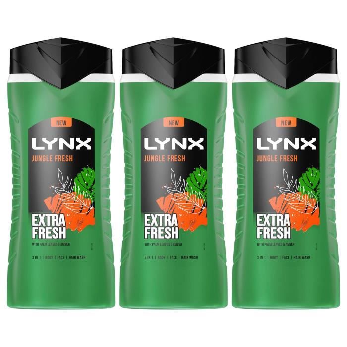 Lynx 3in1 Body, Face & Hair Wash Shower Gel Extra Fresh Jungle Fresh ...