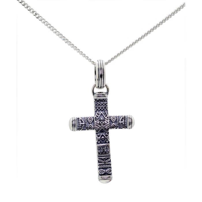 Chaine avec croix à motifs pour homme en argent 925 massif vieilli et ...