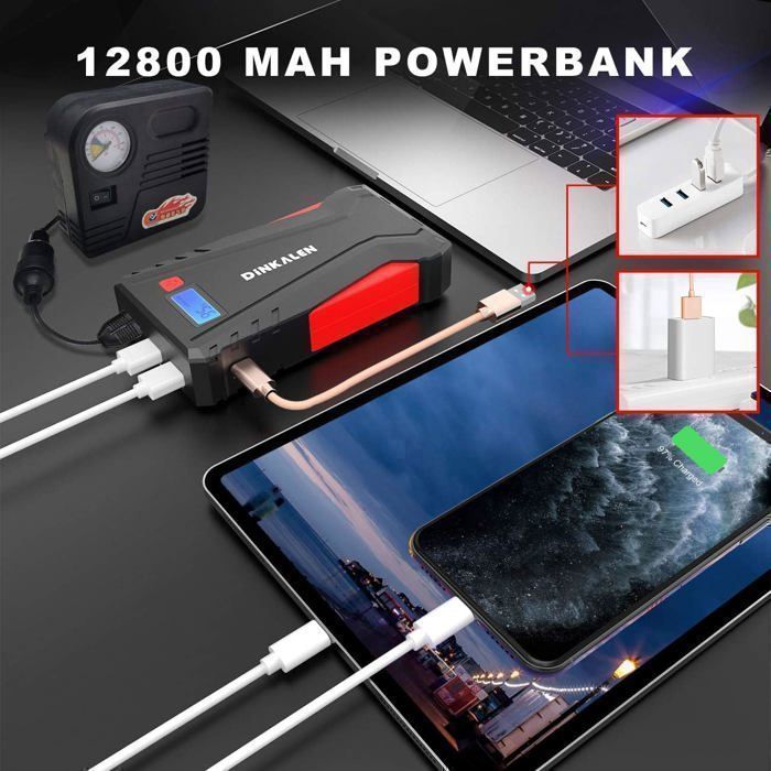 Booster batterie moto- DINKALEN 12800mAh - Démarrage 1500A - Chargeur ...
