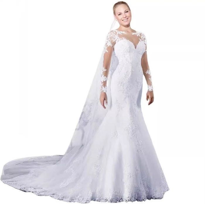 Luxueuse Tenue De Mariage Elégante Sirène Avec Appliques Dentelle Pure Blanc Robe De Mariée ...