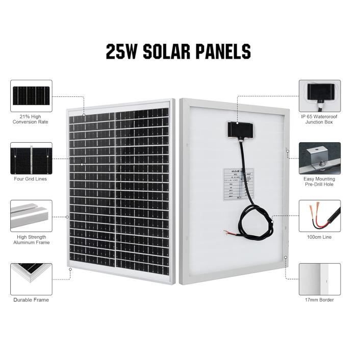 ECO-WORTHY 25W 12V Panneau Solaire Monocristallin Portable pour Charger la Batterie 12V ...