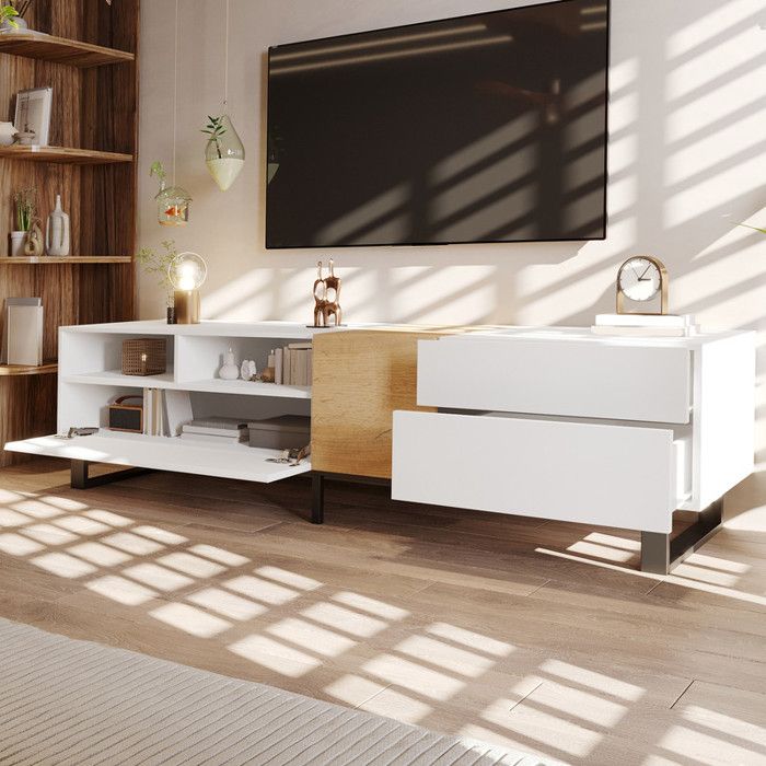Meuble TV Moderne, Aspect Blanc et Bois, Design Minimaliste, Meuble Bas ...