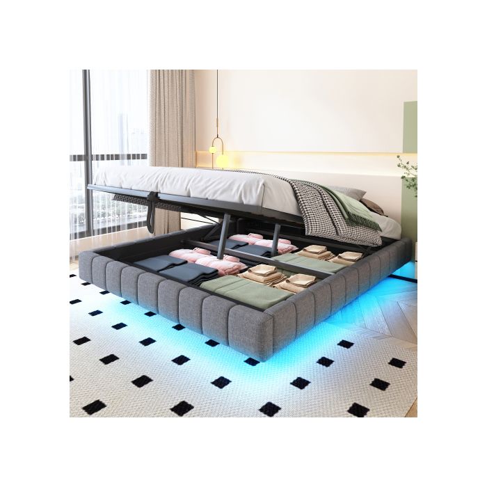 Lit coffre adulte 160x200cm,lit double avec LED,gris lin-HAUSS SPOLE ...