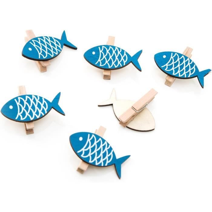 6 Pinces De Bois En Forme De Poissons En Couleur Bleu Et Naturelle 5 X ...