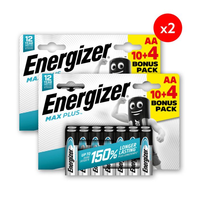 Pack de 2 - Energizer Max Plus Alcaline AA/LR6, pack de 10+4 Piles ...