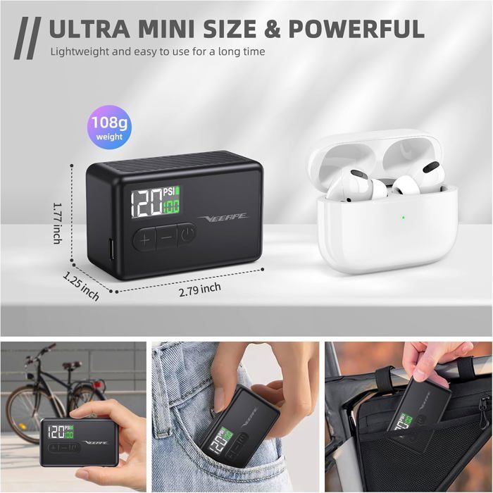 Mini pompe électrique portable pour vélo - WOOPSO - 120 PSI - Valve ...