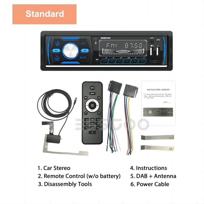 Standard - Autoradio MP3, lecteur multimédia, 1 Din, DAB + RDS AM FM, stéréo, 7 couleurs ...